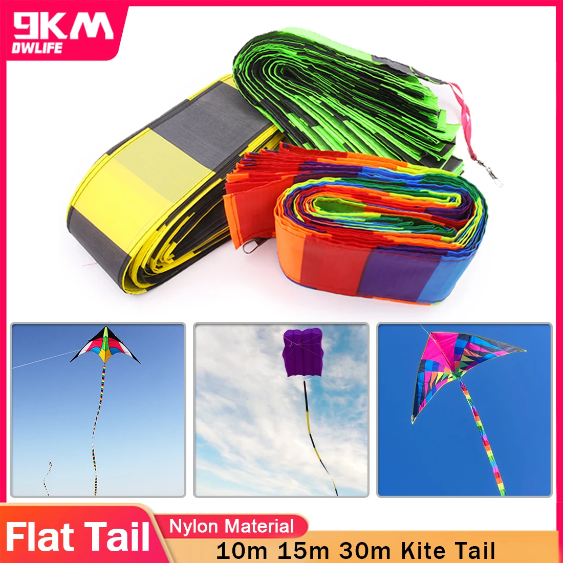 9KM 10m~30m Rainbow Flat Kite Tail for Delta Single Line Kite Streamers ...