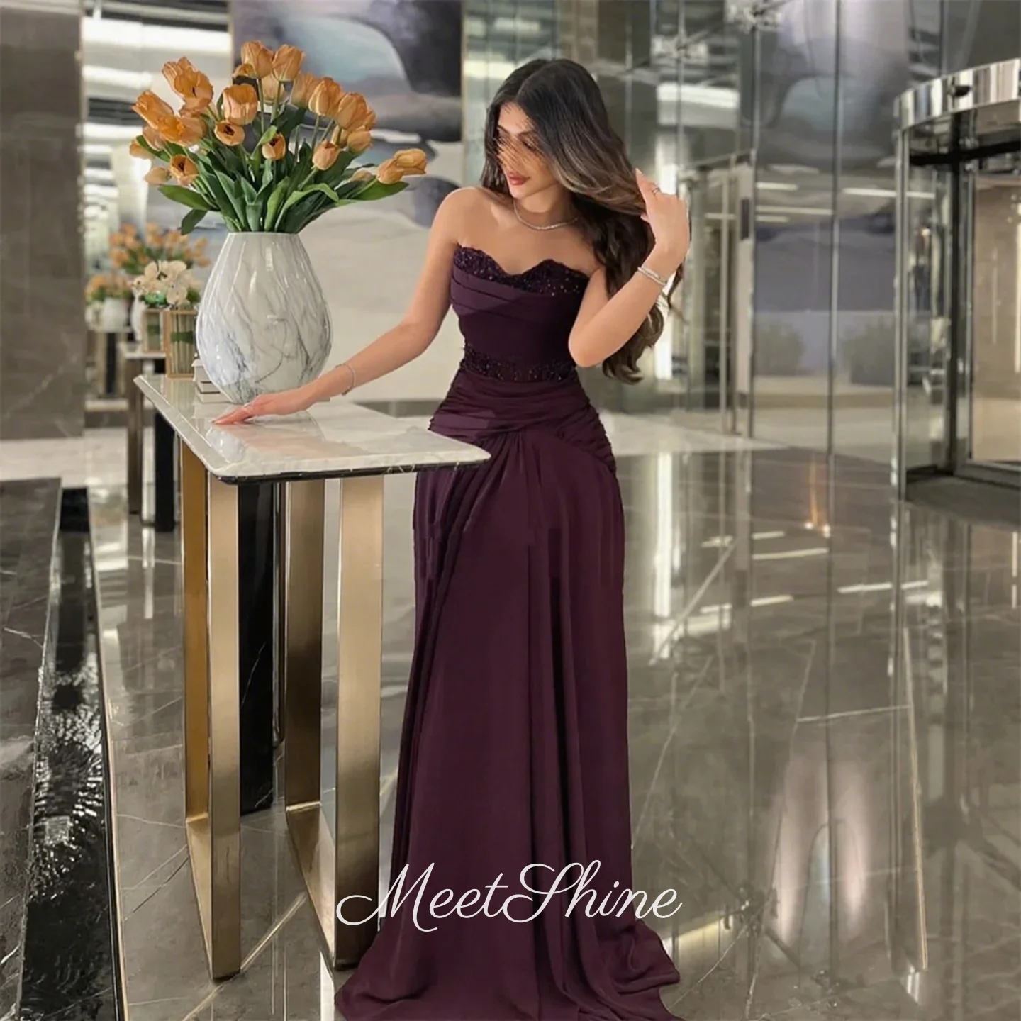 Burgundy Jersey Pleat Sequined Sweetheart Evening Dress Sleeveless ...