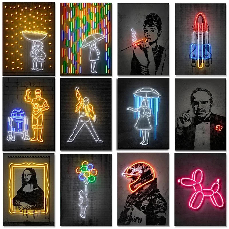 Neon-Art-Posters-Godfather-Hepburn-Mona-Lisa-Canvas-Wall-Art-Painting ...
