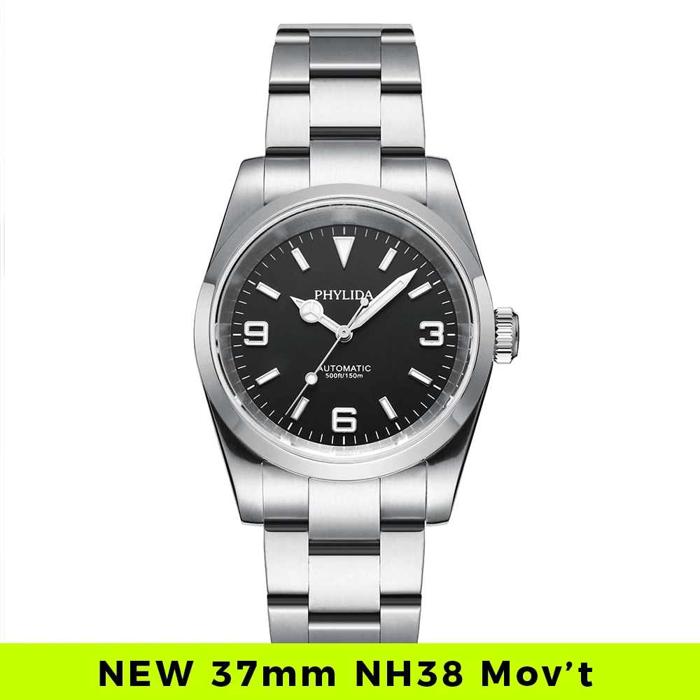 PHYLIDA-37mm-Explore-Black-Dial-NH38-Wristwatch-150M-WR-Watches-for-Men ...