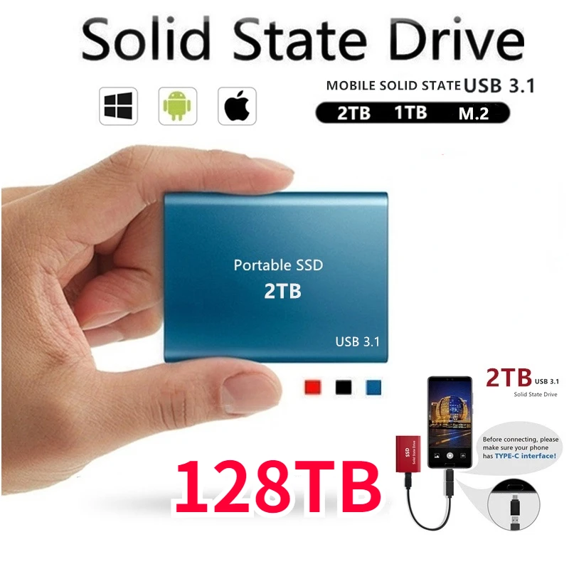 Mini SSD de 2TB de alta capacidad, interfaz USB3.1 tipo C, disco duro portátil de alta velocidad ...