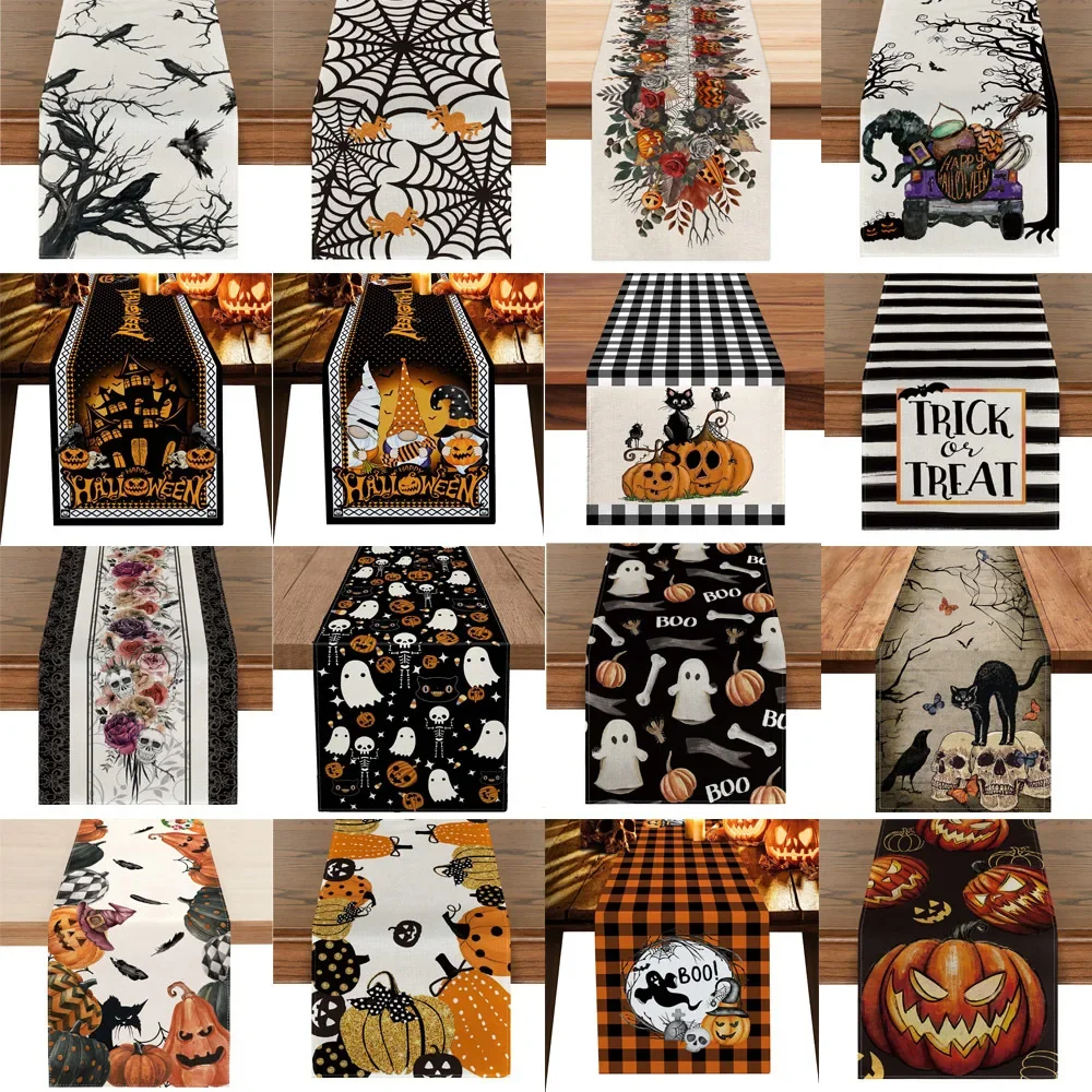 Linen-Halloween-Table-Runner-Pumpkin-Spider-Web-Skull-Dining-Table ...