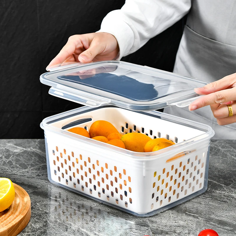 High-Capacity-Sealed-Vegetables-Fruits-Crisper-Double-Layer-With-Drain ...