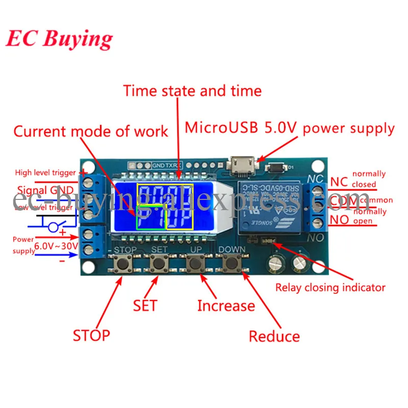 6-30V Micro USB Digital LCD Display Time Delay Relay Module Control Timer Switch Trigger Cycle ...