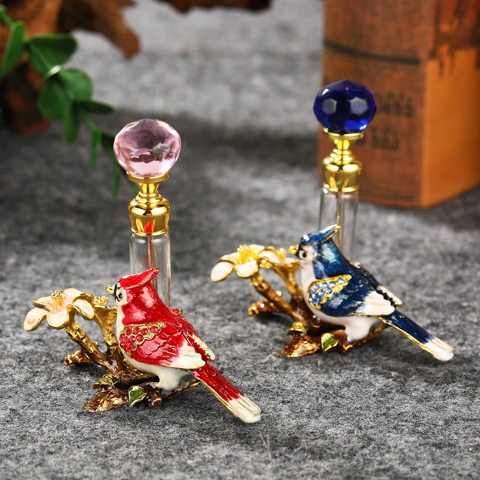 5ml-Vintage-Perfume-Bottle-Metal-Enamel-Bluebird-Red-Bird-Flower-Decor ...
