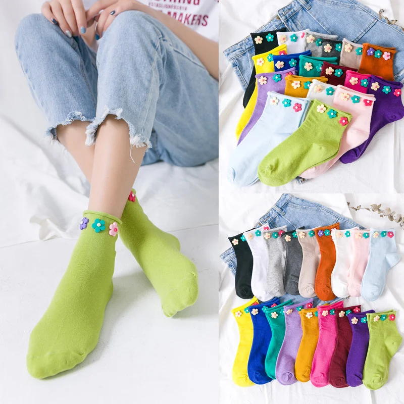 6 Pairs Women Socks Korean Kpop Cartoon Flower Candy Color Harajuku ...