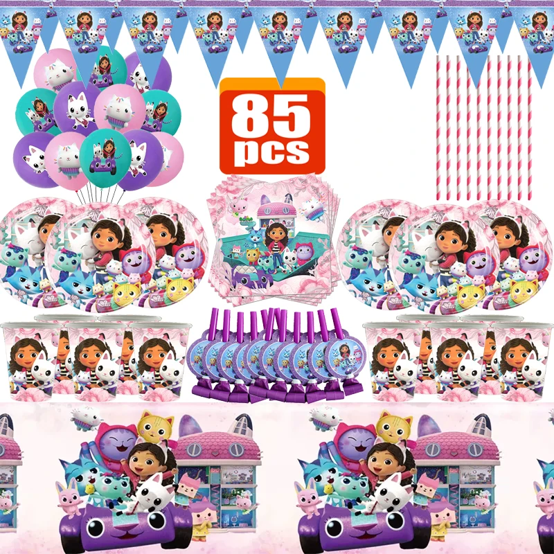 Decoración de fiesta de cumpleaños de casa de muñecas Rosa Gabby, globo de gato Suger, vajilla ...