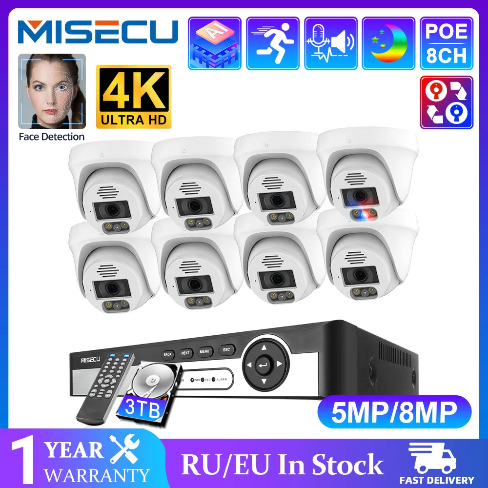Misecu 4K 8MP Bewakingscamera 8CH Poe Nvr Ai Gezicht Detecteren Dome ...
