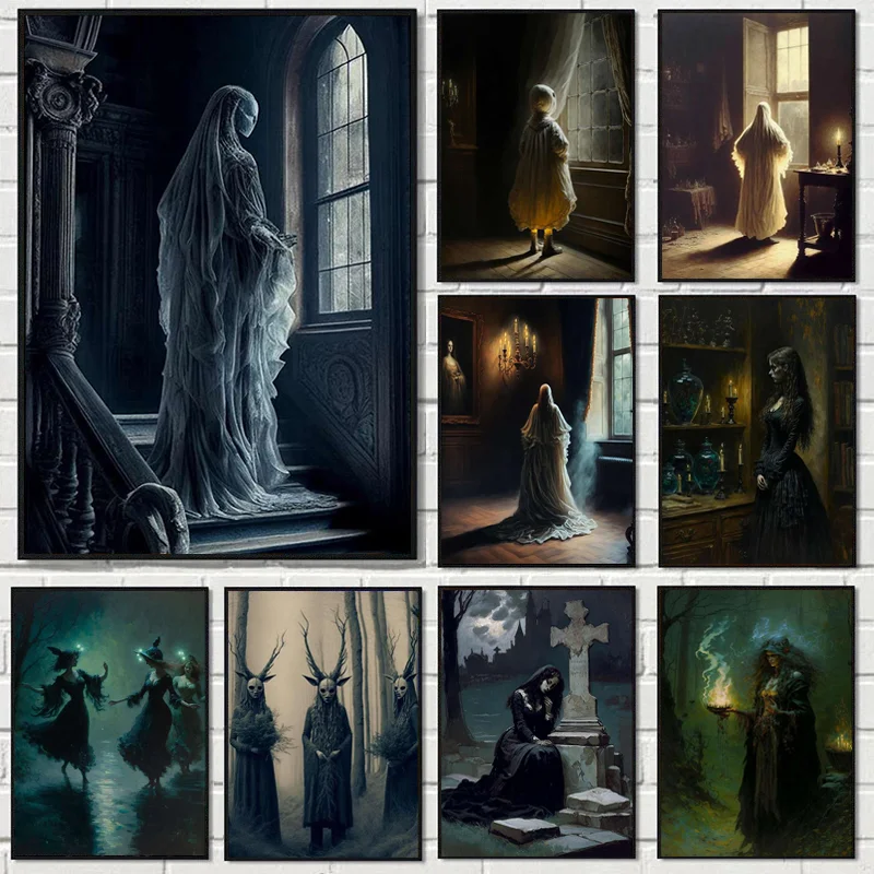 Spooky Ghost Painting Gothic Witch Poster Halloween Art Creepy Gothic ...