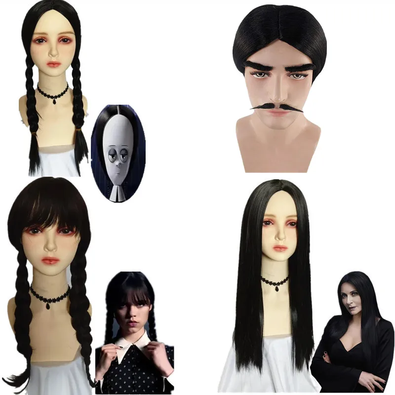 Addams Family Cosplay Wig Morticia Wendesday Wigs Black Long Straight ...