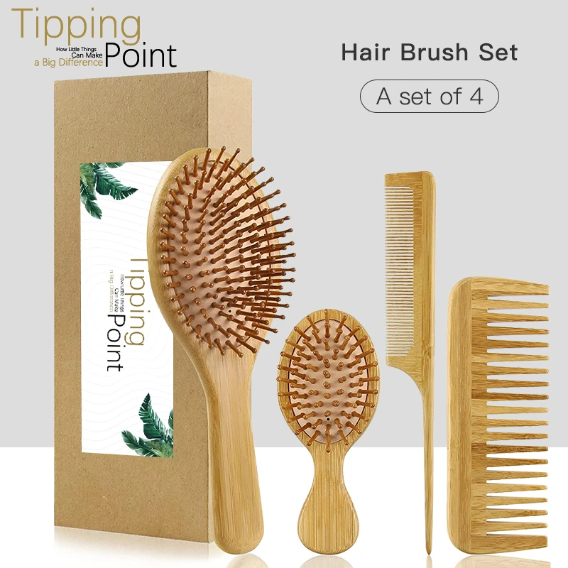 4pcs Bamboo Comb Set Nature Wood Brush Anti-Static Detangle Hair Brush ...