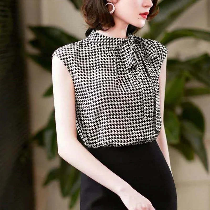 Summer Korean Bow Lacing Chiffon Shirt Elegant Stand Collar Houndstooth Office Lady Blouses ...