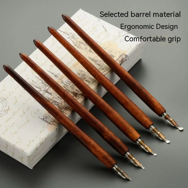 English Writing Calligraphy Dip Pen Wooden Barrel Flexible Round Head ...