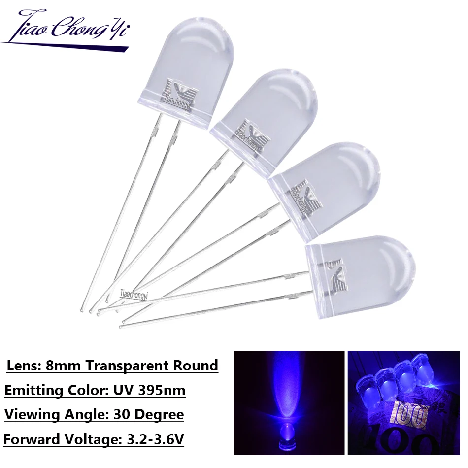 395nm UV LED Diode DIP 8mm Diodes Clear UV LED 3.2v-3.6v 20mA ...