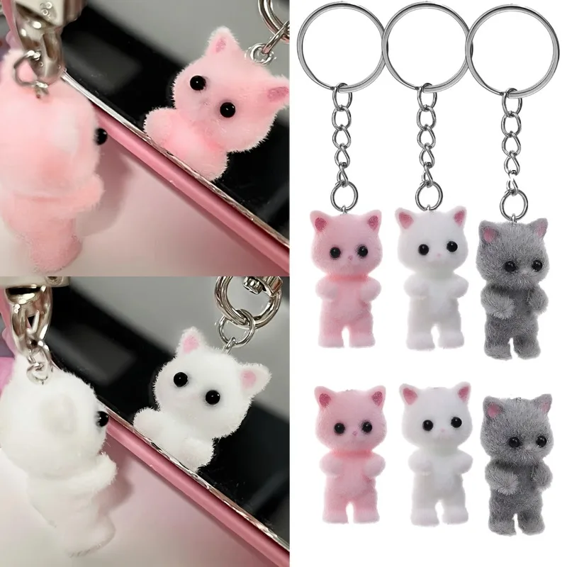 Flocking-Lovely-Cat-Keychain-Cartoon-Solid-Pendant-Kitty-Keyring-Plush ...