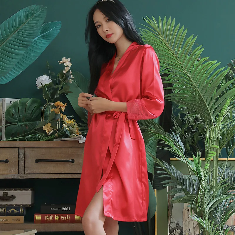 Spring-Summer-New-Silk-Satin-Homewear-Women-Robe-Long-Sleeve-Solid-Lace ...
