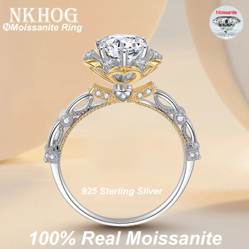 NKHOG-1ct-Moissanite-Ring-S925-Silver-Women-Plated-Au750-Engagement-Wedding-Band-Rose-Flower-No ...