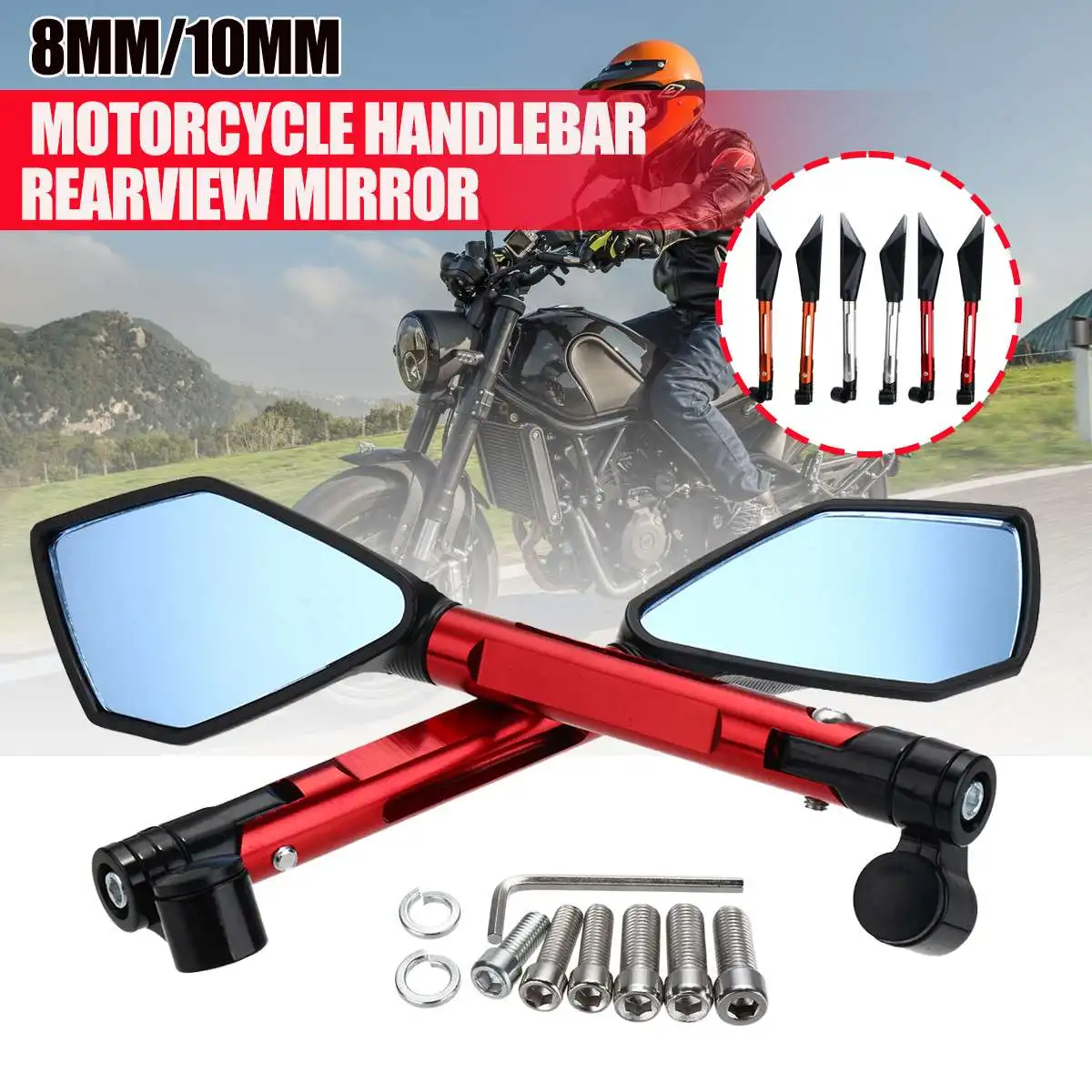 Universal-CNC-Aluminum-Motorcycle-Handlebar-Rear-View-Mirrors-Blue-Anti ...