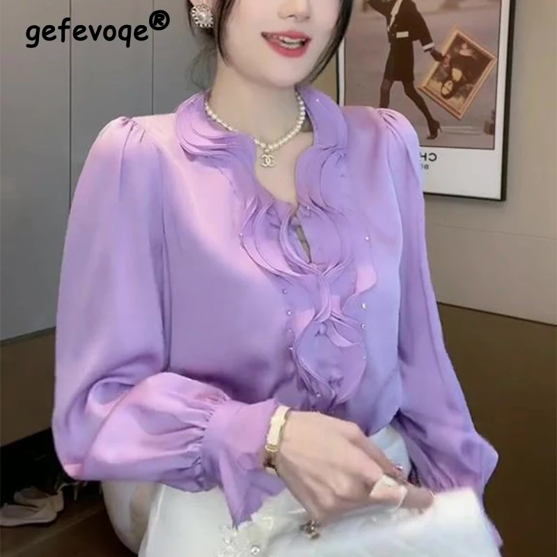 Spring Autumn Elegant Fashion All Match Long Sleeve Shirt Lady V Neck