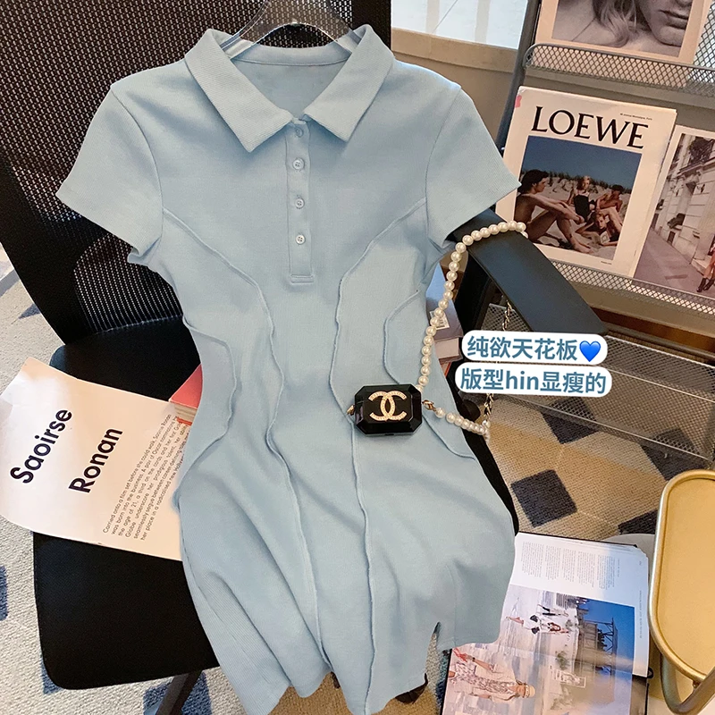 2023 여름 반팔 버튼 폴로 드레스 섹시한 빈티지 여성 프록 패션 스트리트웨어 의상 파티 우아한 연필 드레스