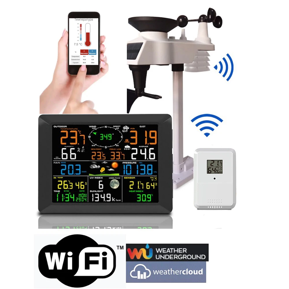 Weather Station WiFi Wireless Indoor Outdoor with Sensor Rain Weather Forecast Wind Gauge ...
