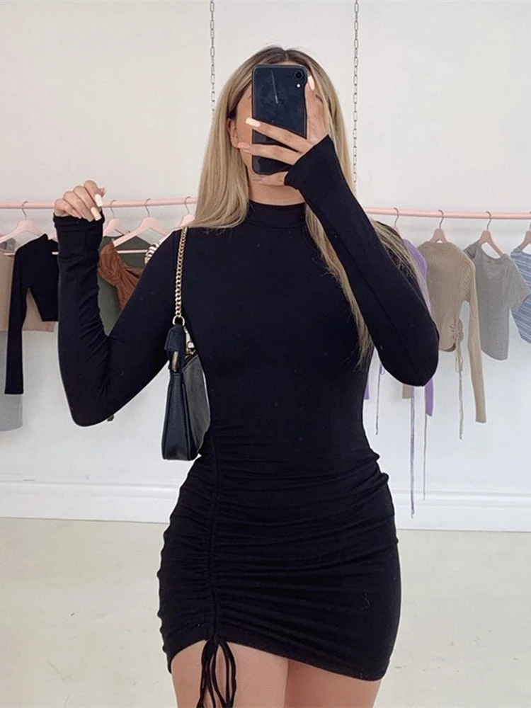 Wjfzqm Sexy Ruched Bodycon Mini Dress Women Clothes Fall 2020 Long Sleeve O Neck Lace Up Draped ...