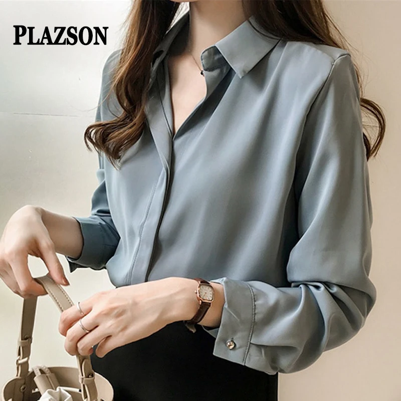 PLAZSON-Women-Blouses-Tops-2023-Spring-Solid-White-Long-Sleeve-Office-Lady-Shirt-Casual-Basic ...