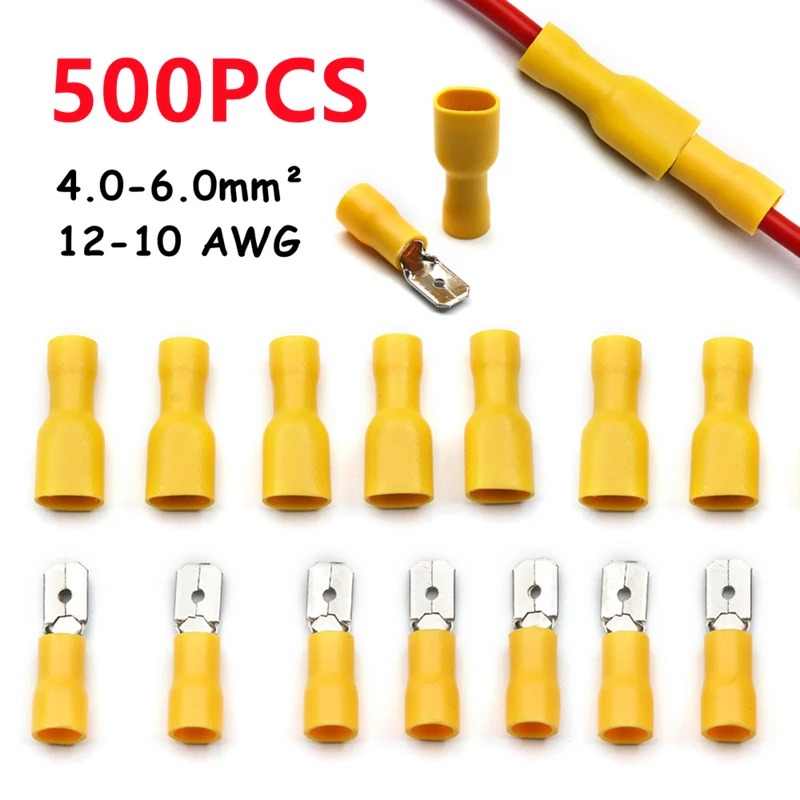 500-100PCS-Yellow-Male-Female-Crimp-Spade-Lug-Terminals-Cold-Press-Wire ...