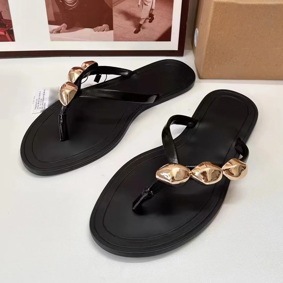 Metal-Decoration-Flip-Flop-Flat-Slippers-Chic-Women-Round-Head-Open-Toe ...