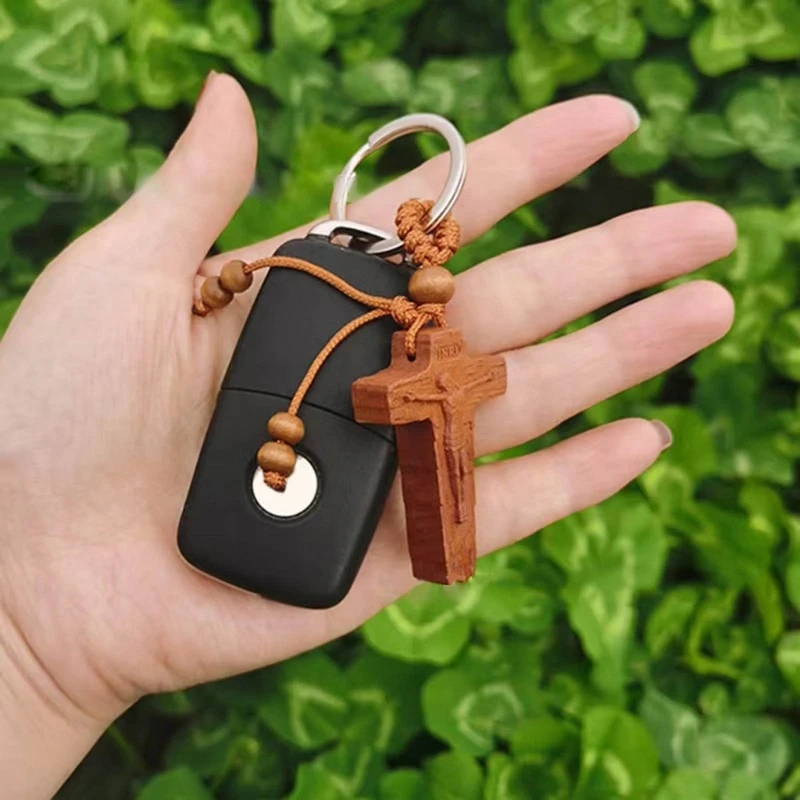 Wooden-Jesus-Cross-Keyring-Bag-Decoration-Charm-Car-Keys-Holder ...