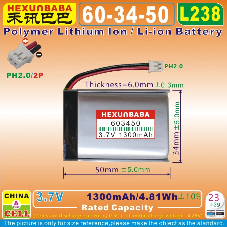 [L238] 3.7V 1300mAh 4.81Wh 603450 PH2.0 2P;Polymer Li-Ion Battery for ...