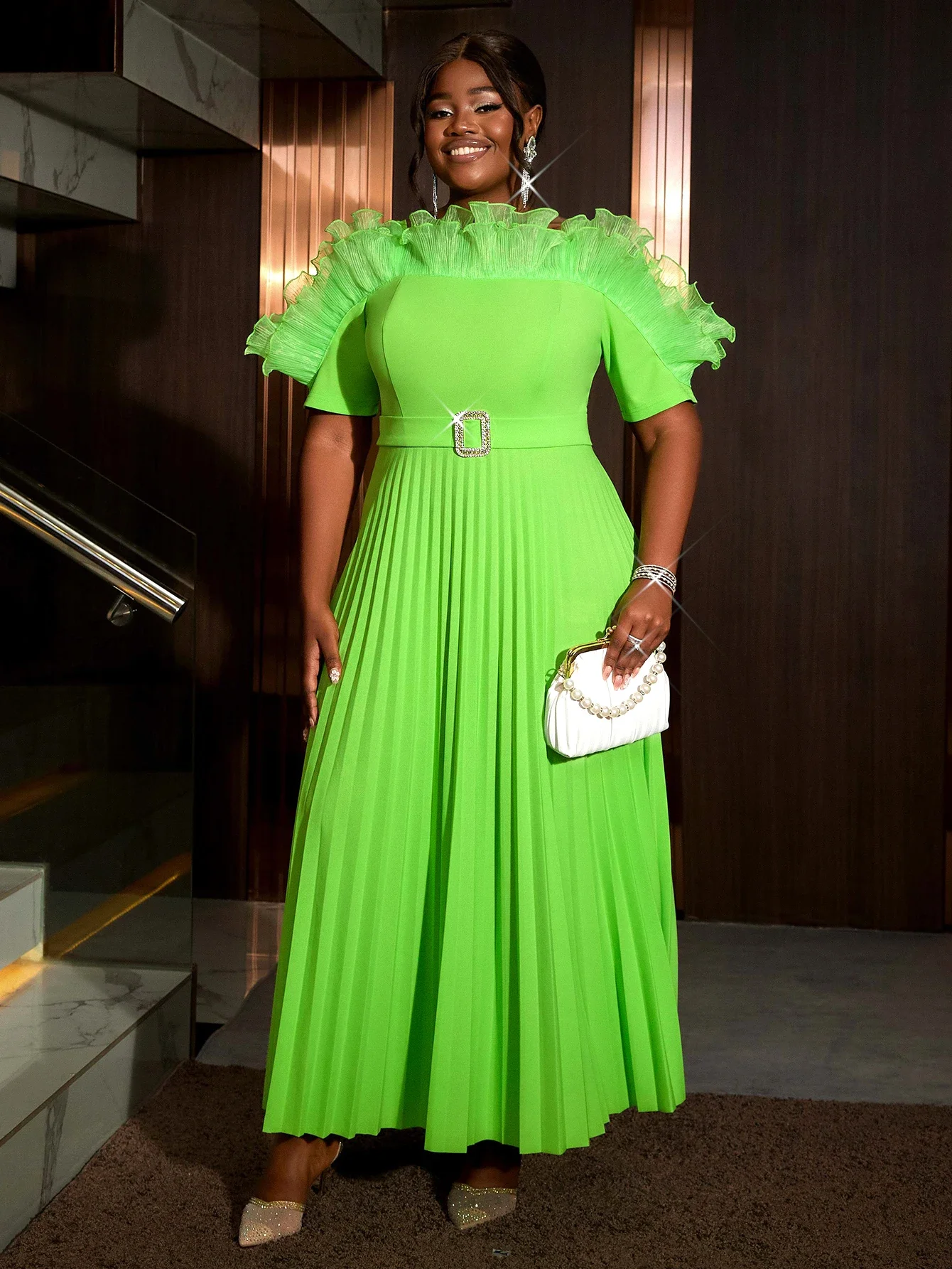 Light Green A Line Pleated Dresses Cold Shoulder Short Sleeve Empire ...