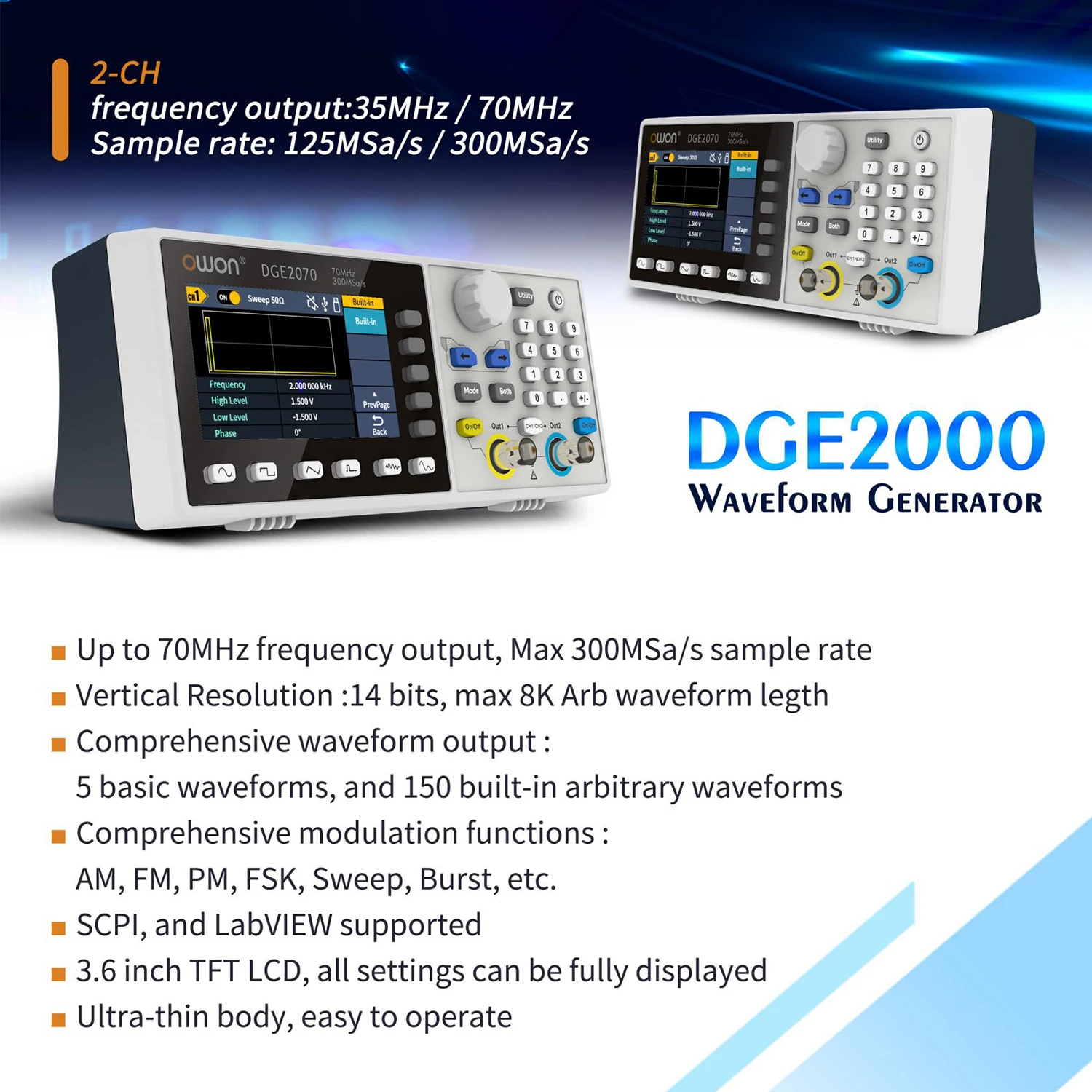 Owon DGE2035 DGE2070 300MSa/s Arbitrary Waveform Generator 14Bits 35MHz ...