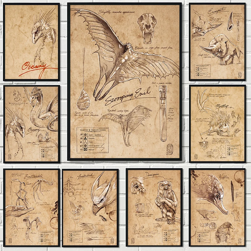 Vintage Sketch Monster Field Notes Owl Posters Dinosaur Magic Wizarding ...