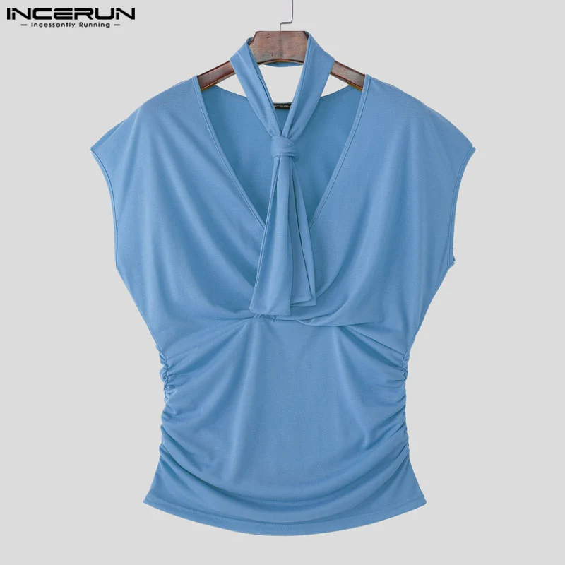 INCERUN Men Tank Tops Solid Color V Neck Sleeveless Lace Up Pleated ...