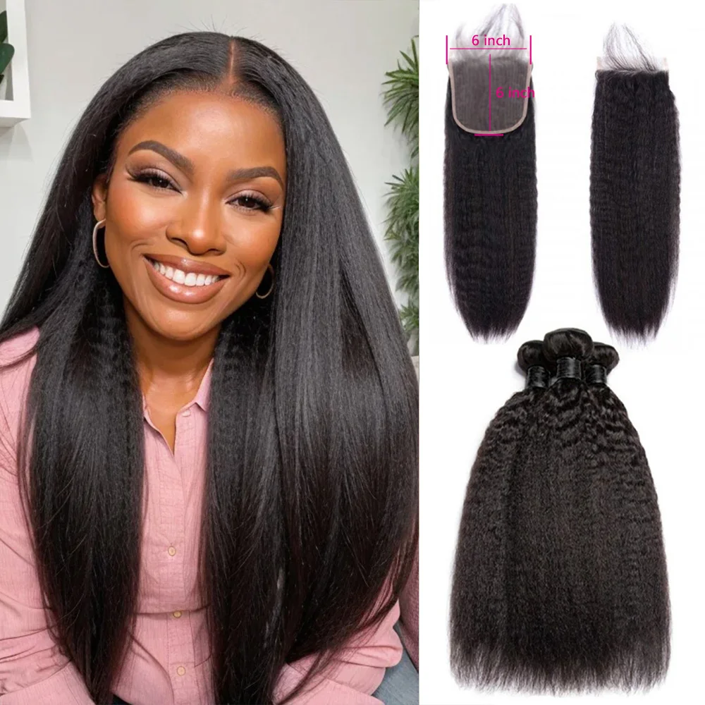 Brazilian-Kinky-Straight-Human-Hair-Bundles-Closure-6X6-Human-Hair-3-Bundles-With-Closure-Remy ...
