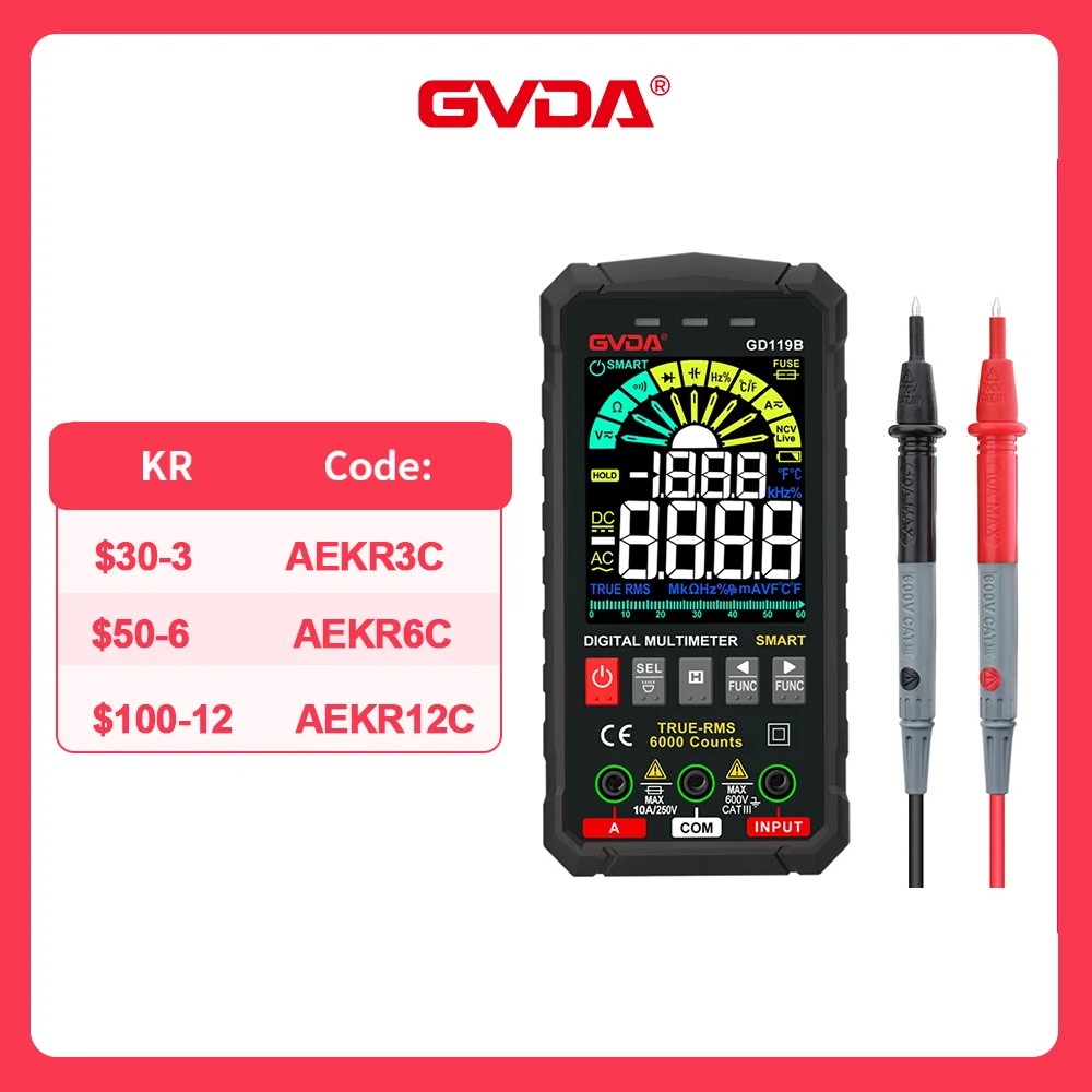 GVDA-신세대 600V 디지털 멀티미터, 실제 RMS AC DC NCV 스마트 멀티 미터 테스터 옴 정전용량 Hz 전압 측정기