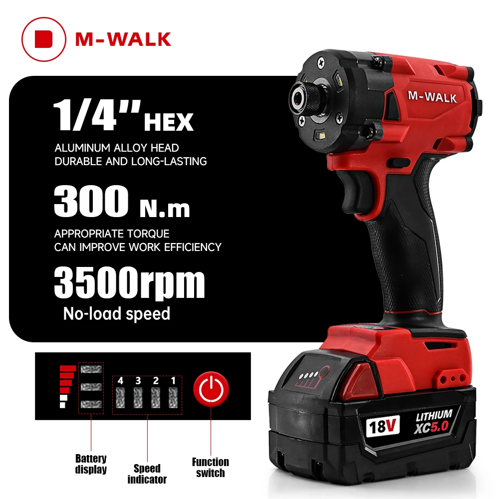 M-WALK Brushless Hexagonal Impact Drill 300N.m High Torque Cordless ...