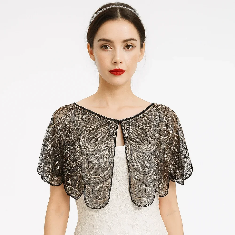Elegant Ruffle Sequins Poncho Coat Mesh 1920s Theme Short Cape ...