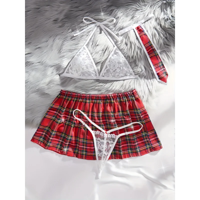 Sexy-Preppy-Plaid-Uniform-Set-with-Floral-Lace-Halter-Bra-Thong-Skirt ...