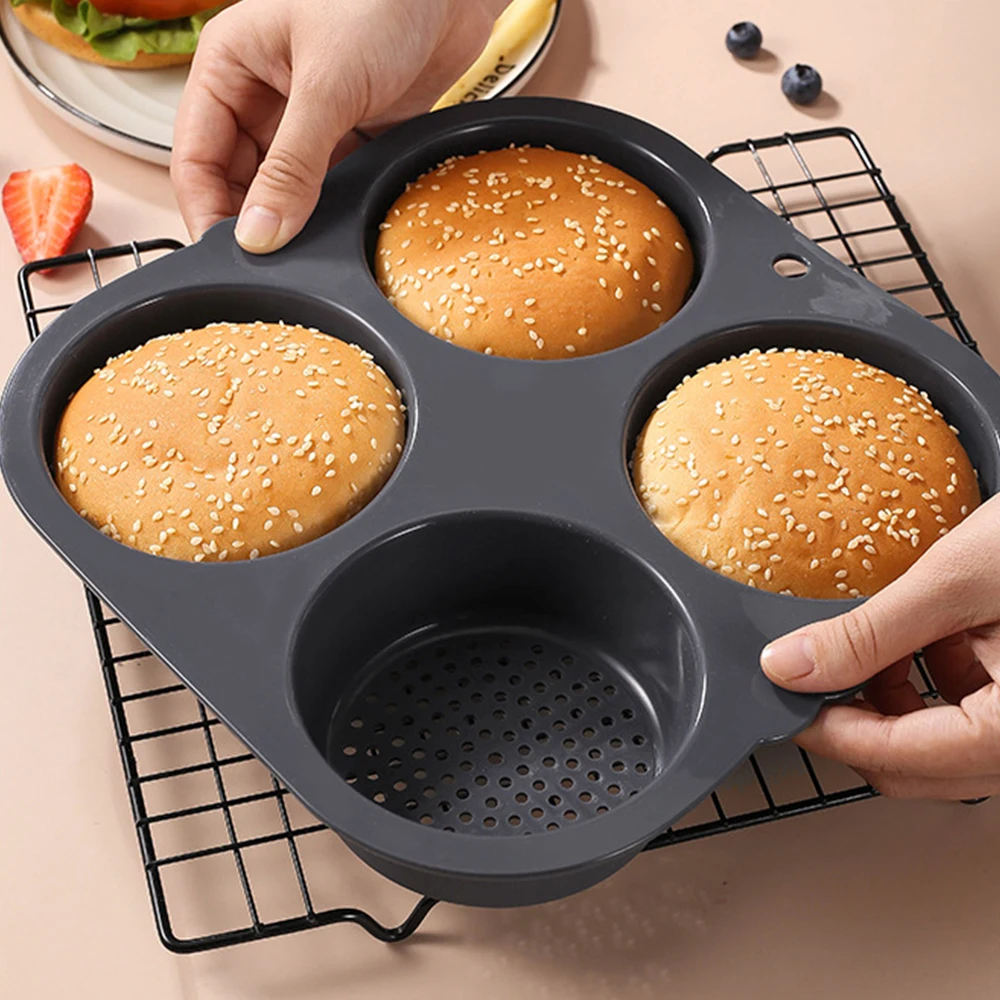 Silicone Hamburger Bun Mold 4 Cavity Loaf Pan Non Stick Baking Moulds ...