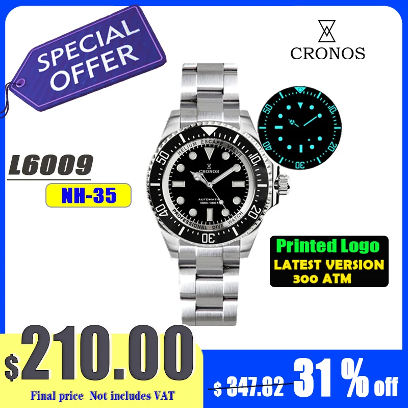 Cronos Automatic Diving Man Watch Stainless Steel Bracelet 2000 Meters ...