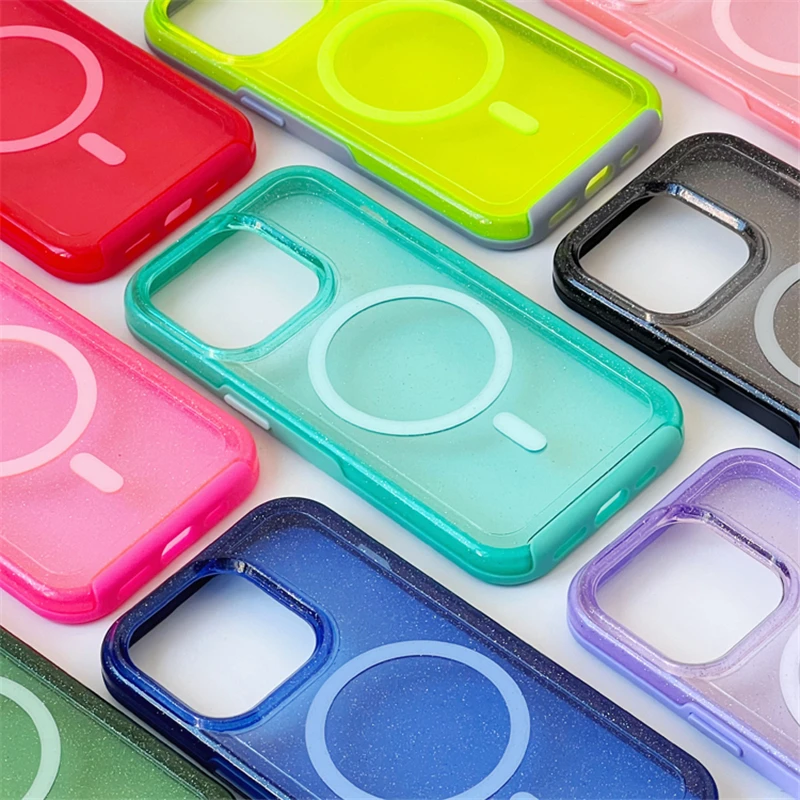Fluorescent Glitter Magnetic Case for iPhone 15 14 Pro Max 12 11 Pro ...