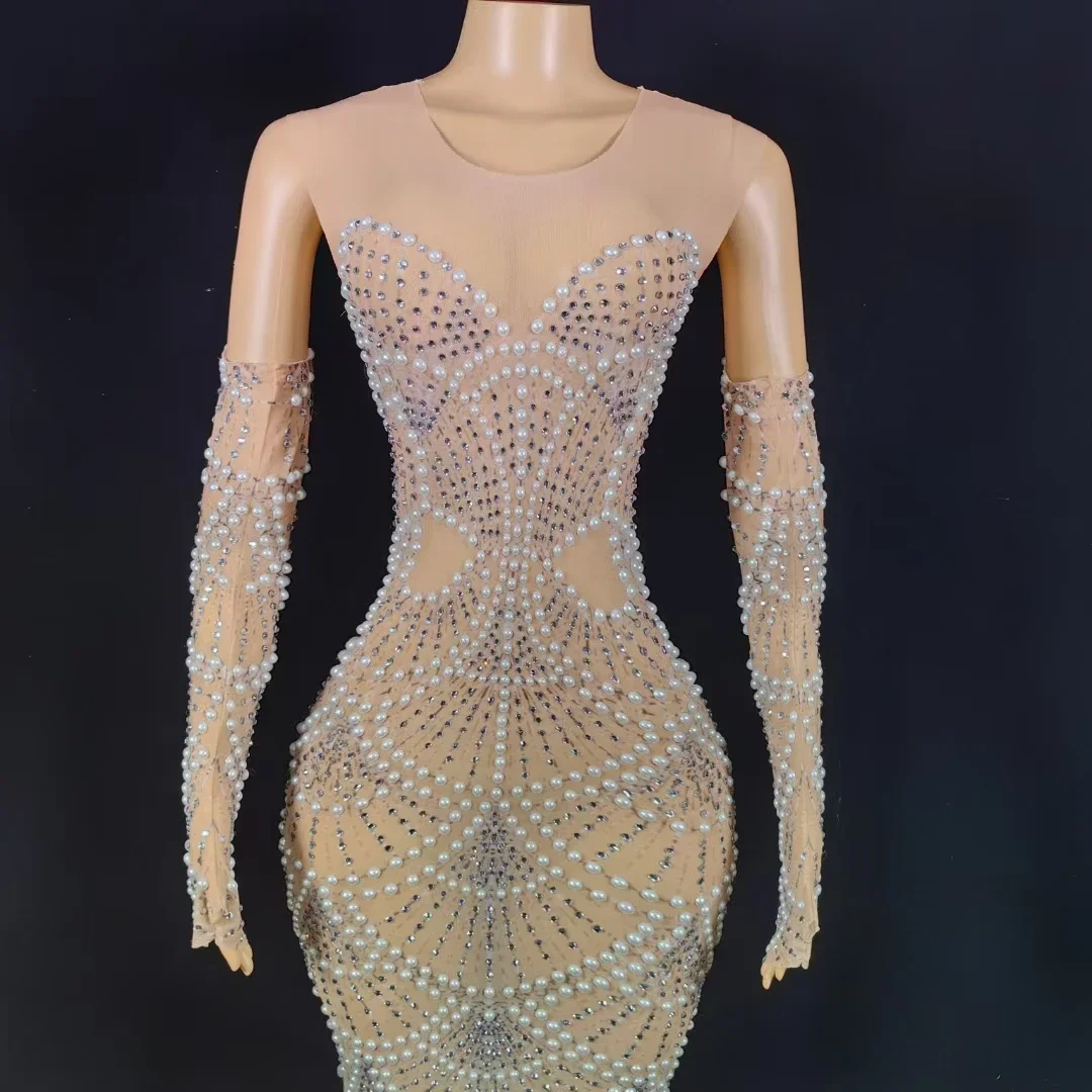 Elegant-Women-Pearl-Crystal-Long-Dress-with-Gloves-Fashion-Diamond ...