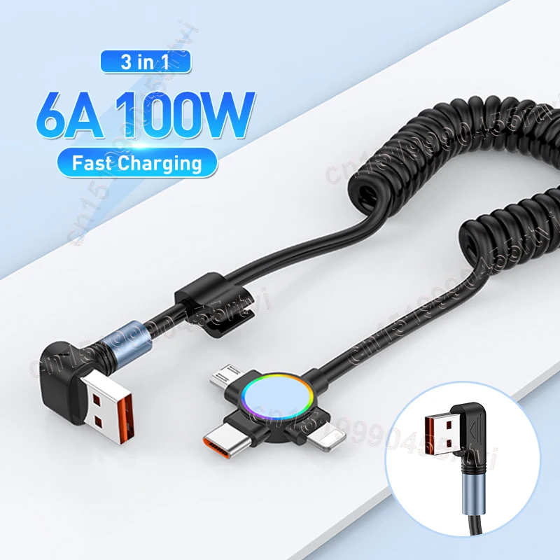 3in1-6A-100W-Spring-USB-C-Cable-For-Huawei-Honor-Retractable-Micro-USB ...