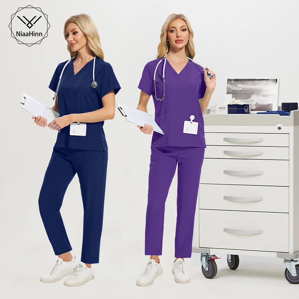 Medical Scrub Nurse Uniform Breathable V-neck Top Straight Pants Set ...