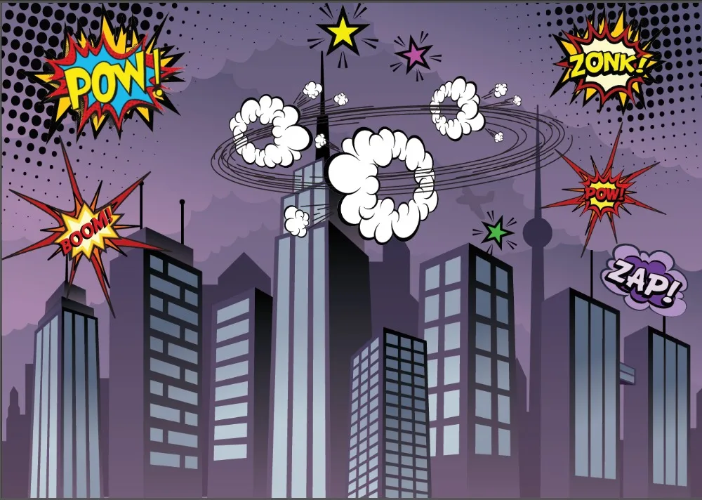 7x5ft Superhero Headquater Skyline Super Heroes Pow Zonk Boom Zap ...