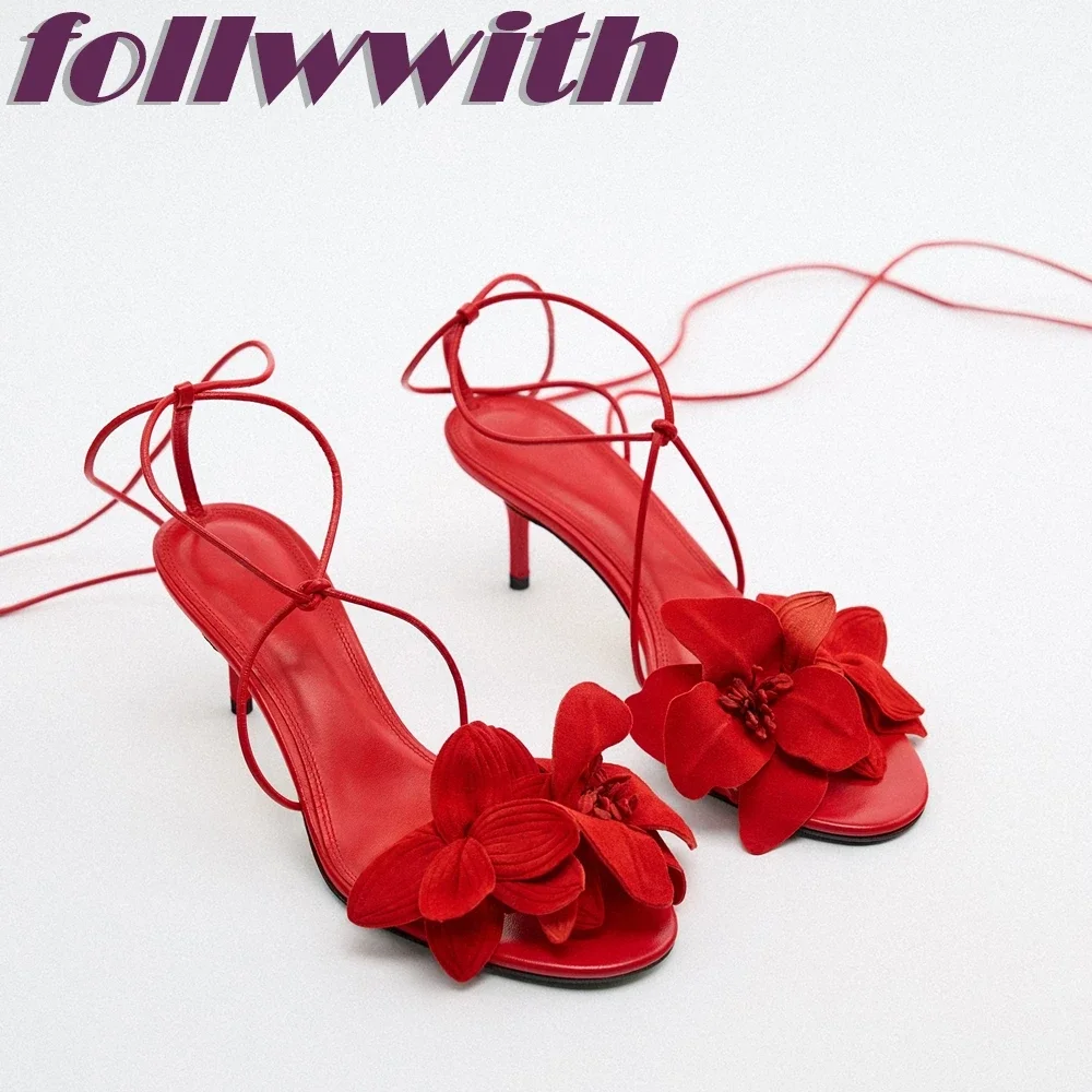 Ladies Solid Red Flowers Sandals Lace Up Unique Sexy Sandals Cross Tied ...