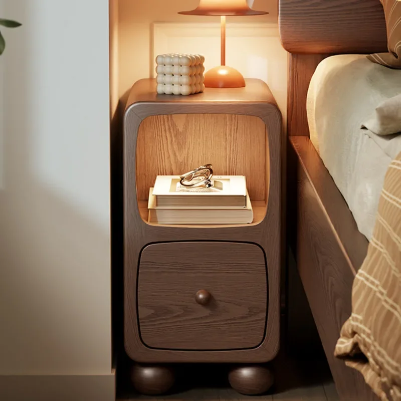 Solid-Wood-Bed-Side-Table-Small-Very-Narrow-Bedroom-Smart-Bedside-Table ...