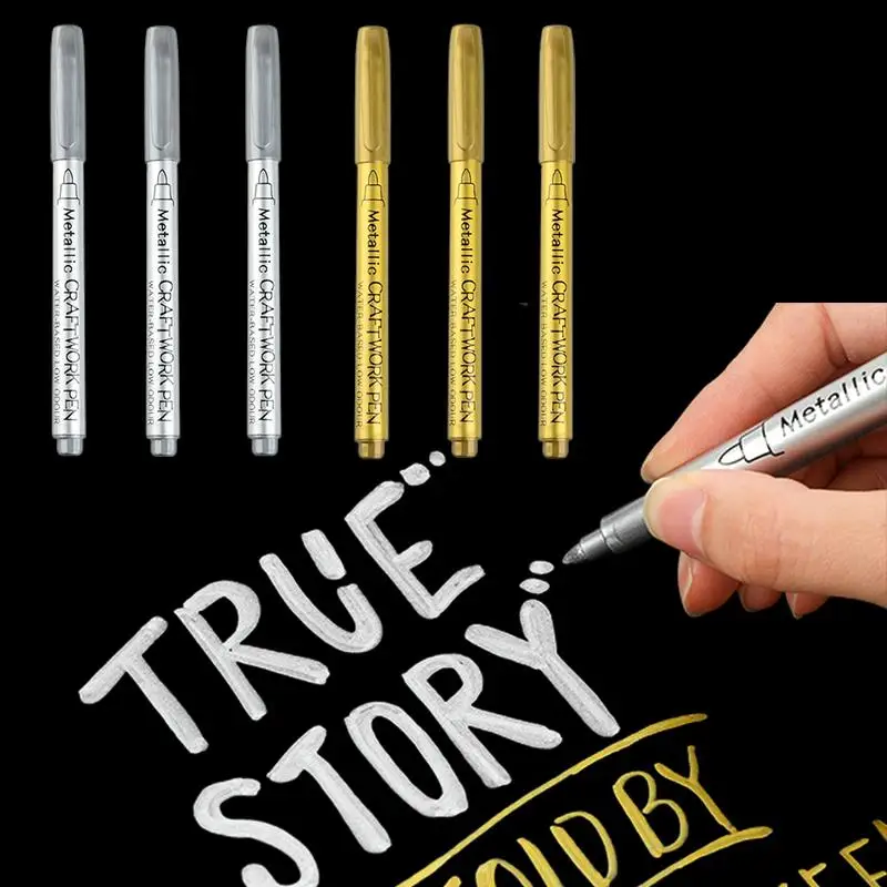 1 6Pcs Brush Metallic Marker Pens Set Gold Silver White Permanent Art ...